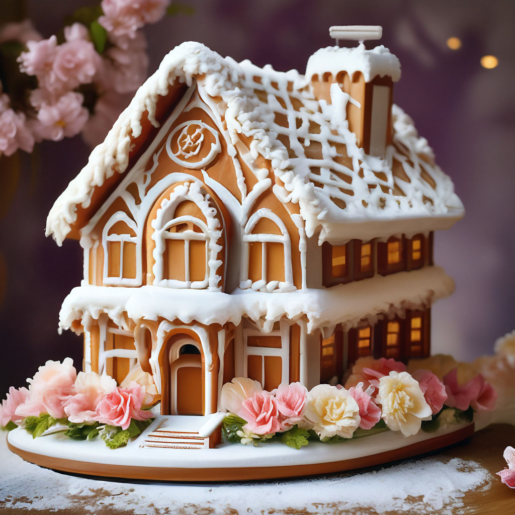 "Gingerbread carved house, with cream flowers and powder, realistic ...