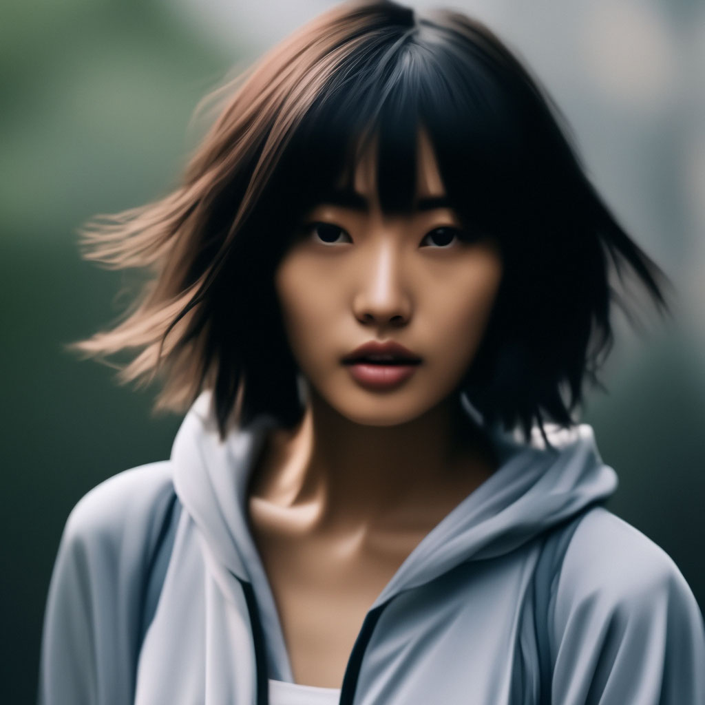 "Portrait of a beautiful Japanese fashion model with bob-cut hair and a ...