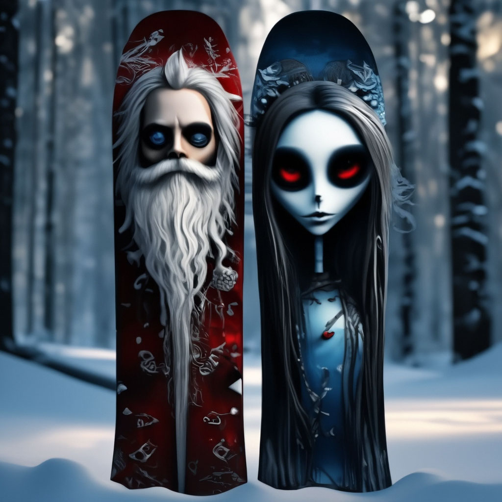 "Santa Claus and Snow Maiden, snowboard slides, in the style of ...