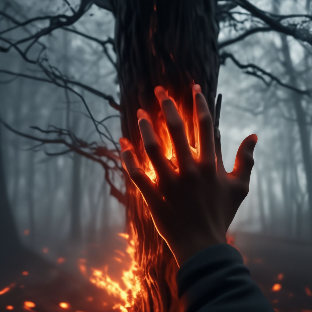 "The hand of the fire monster scratches a tree in the foreground, the ...