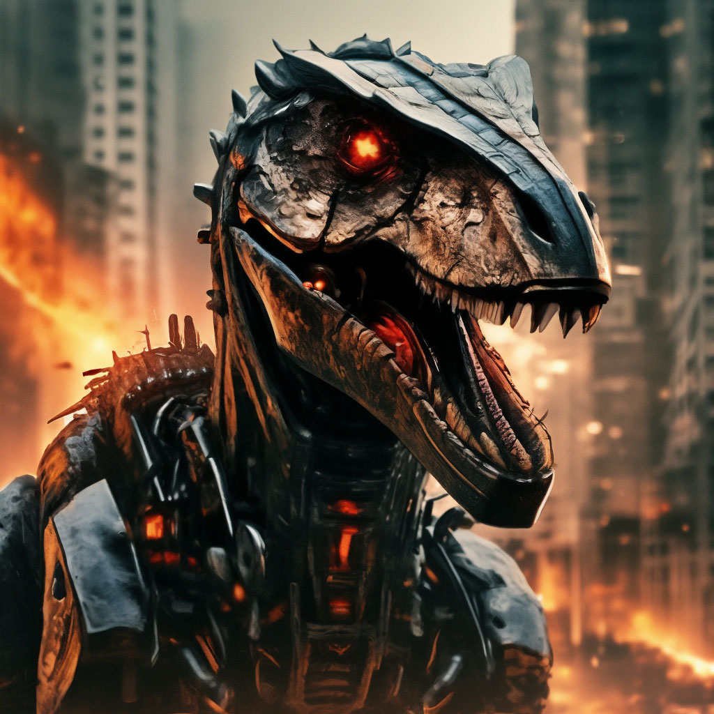 "The terminator dinosaur" — image created in Shedevrum