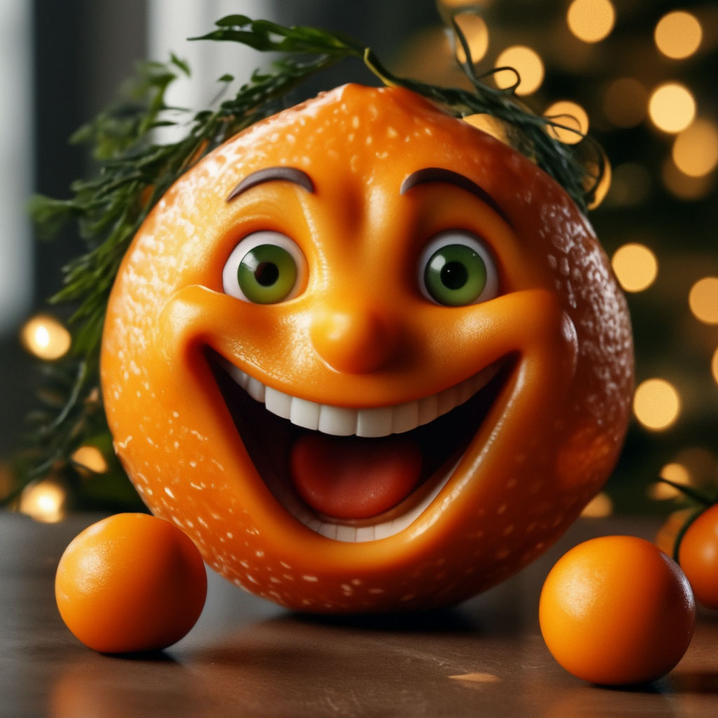 "Cheerful laughing joyful fruit tangerine in anticipation of the New ...