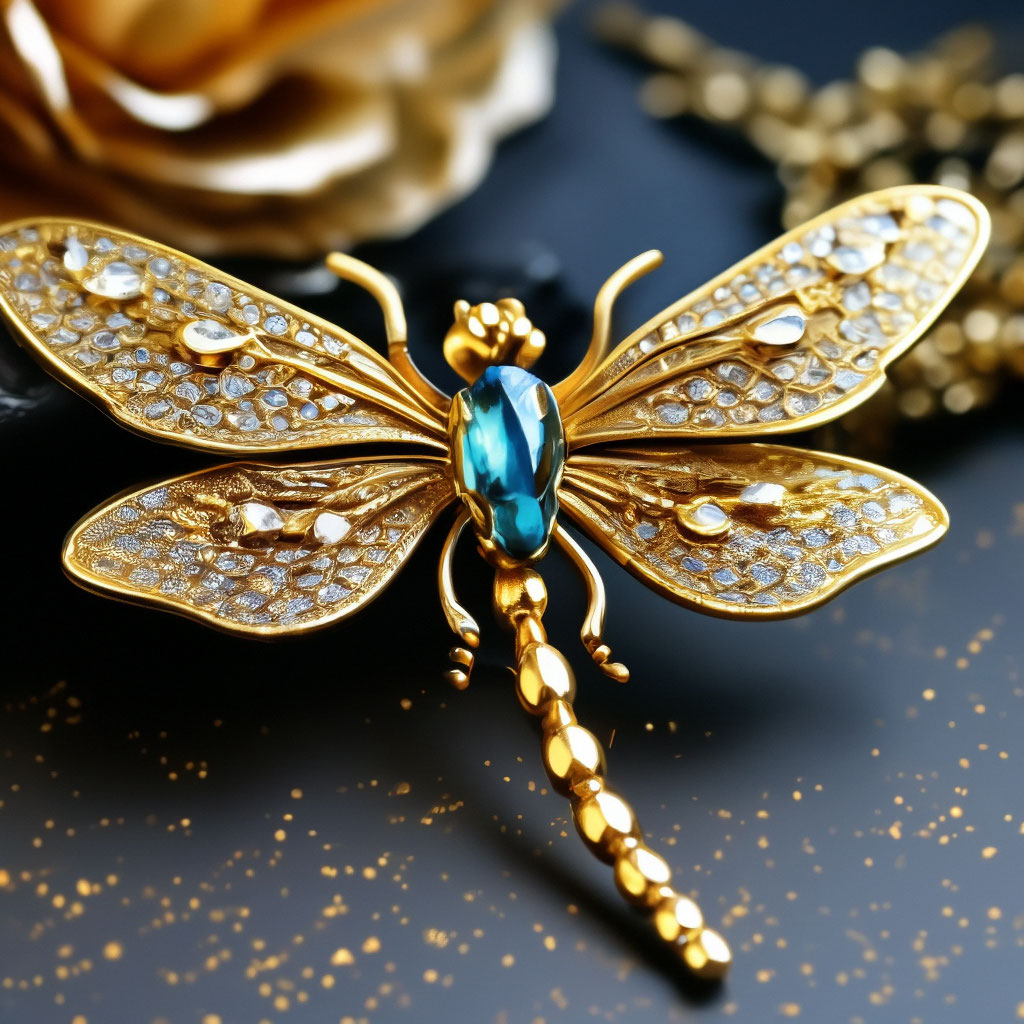 "Golden dragonfly brooch sits on a golden flower, transparent wings ...