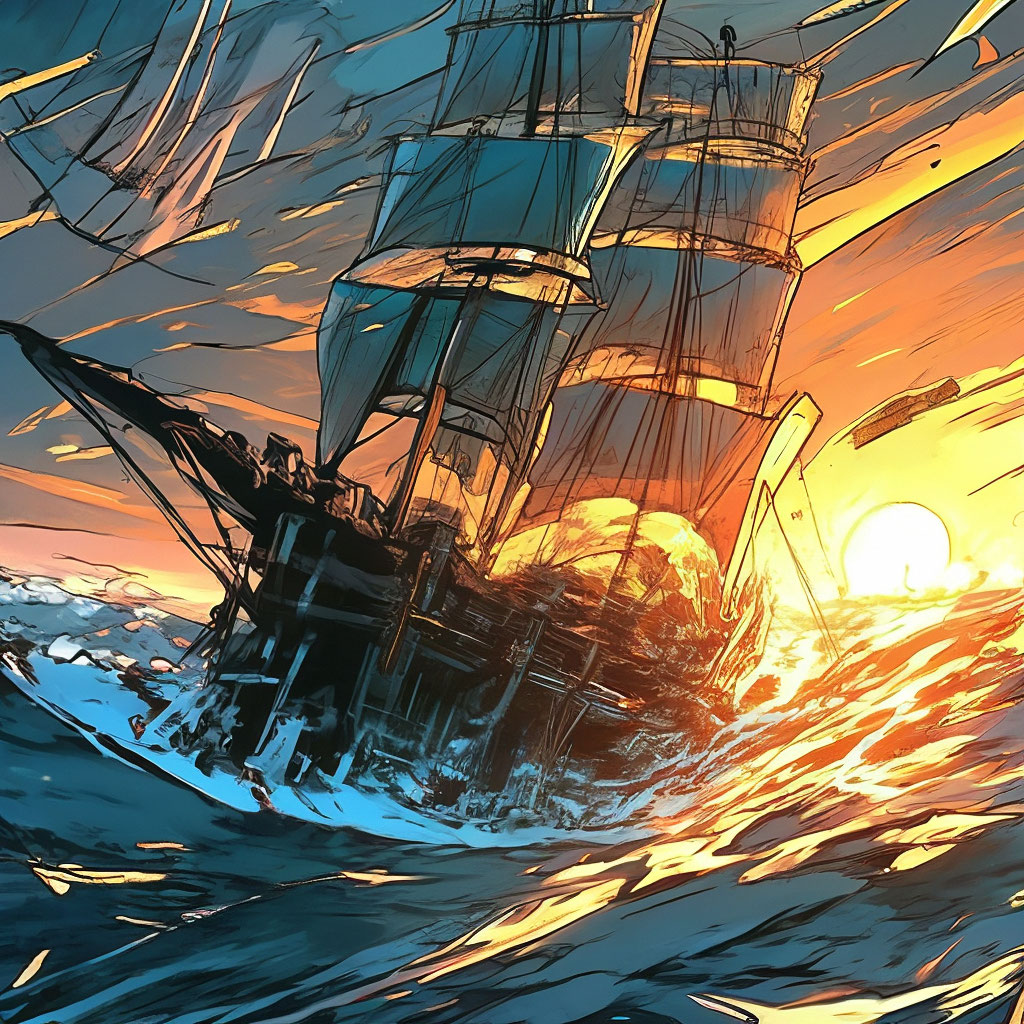 "The damned ship with torn sails plows the sea surface" — image created ...