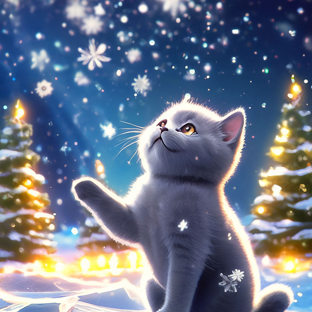 "A grey British cat catches snowflakes, fluffy snowflakes fly from the ...
