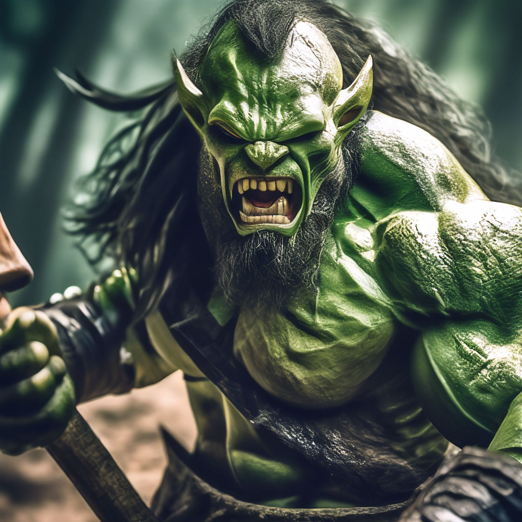 "Very strong green orc with fangs + fierce eyes + axe, beautiful ...