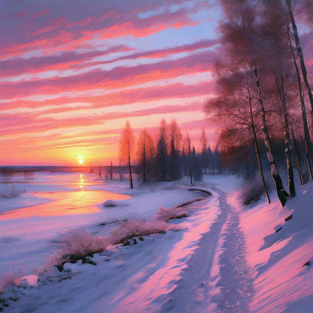 "Winter Russia, pink sunset" — image created in Shedevrum