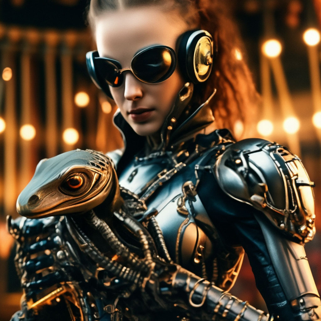 "Circus Biomechanical lizard on the hands of a cyborg woman in the ...
