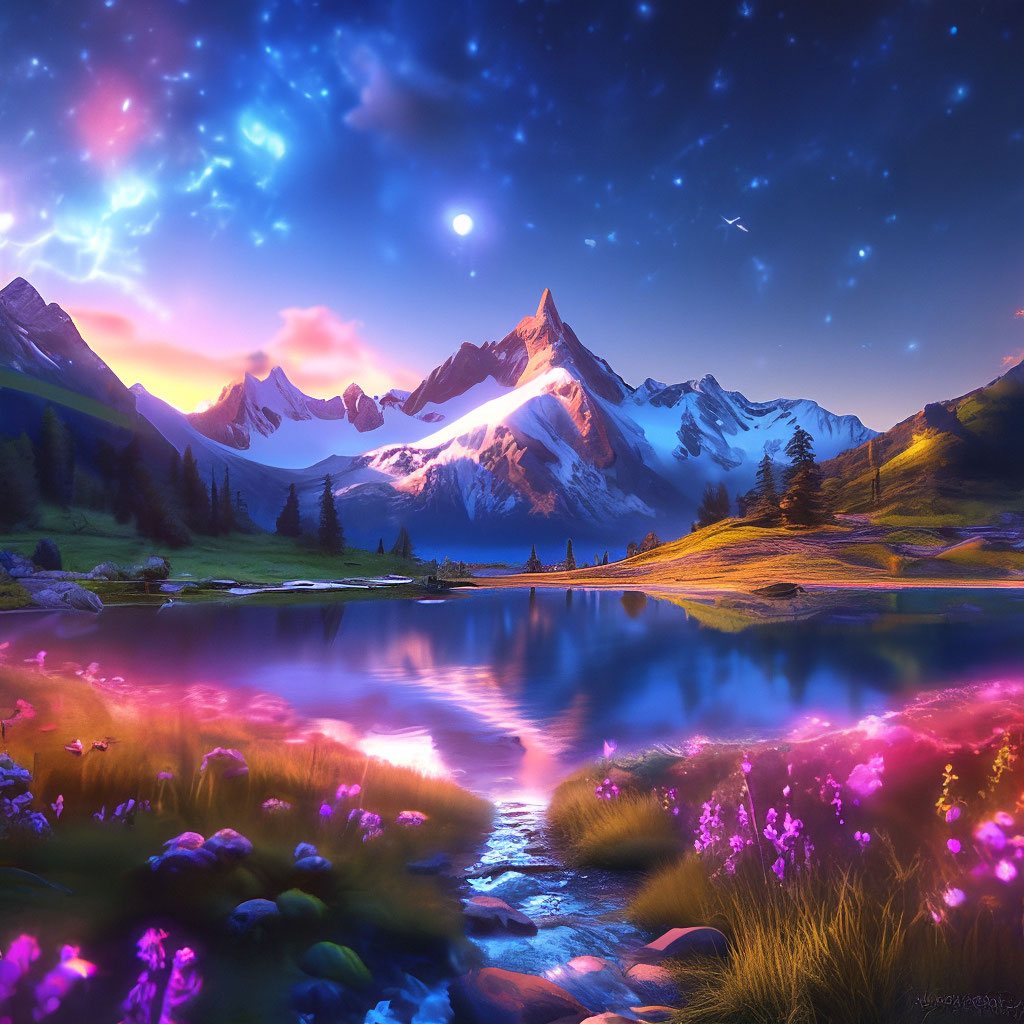 "Superrealism, landscape, mountains, sunset, starry sky, lake,summer ...