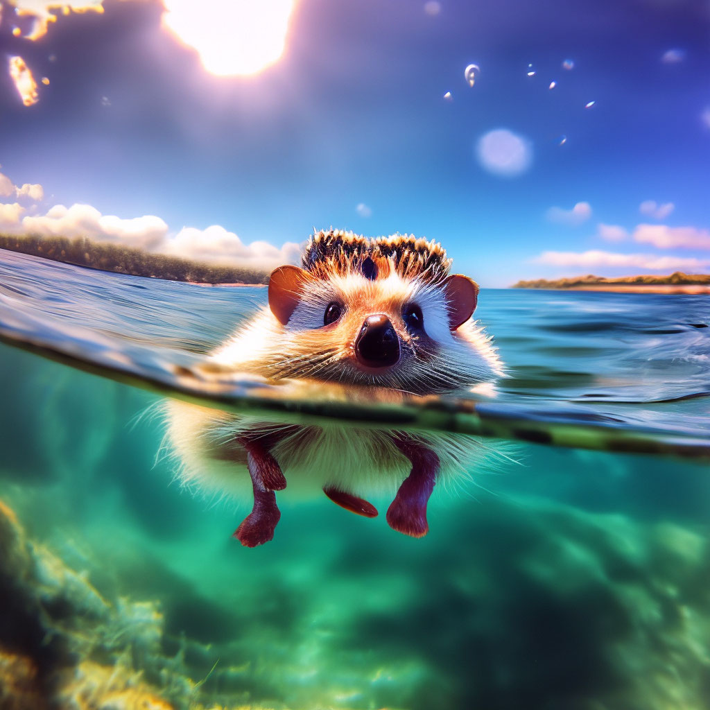 "Hedgehog swim in the sea" — image created in Shedevrum
