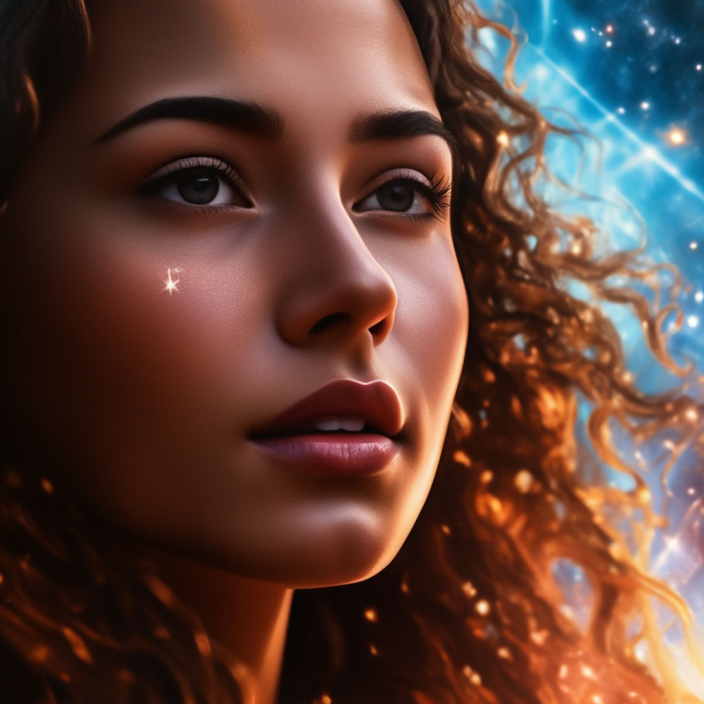 "A detailed illustration of a young woman's face filled with awe as she ...