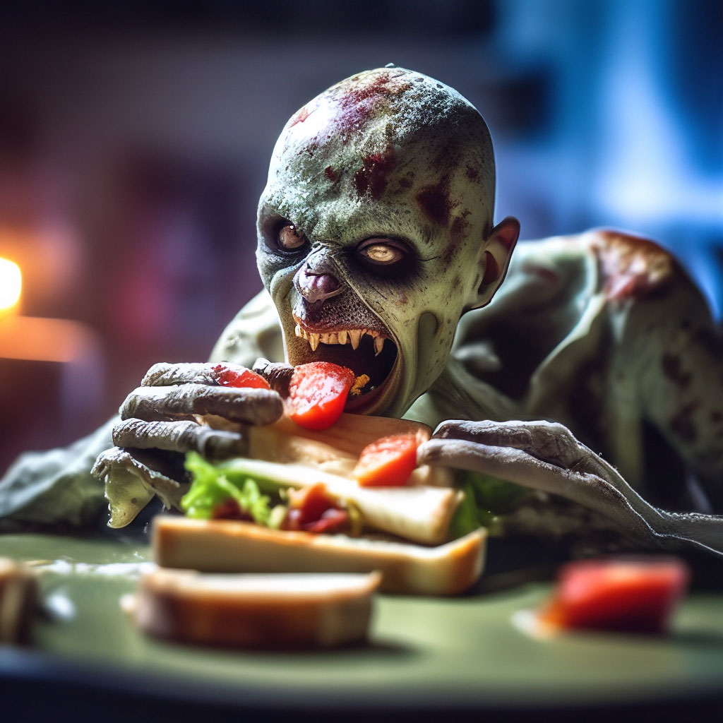 "Horror. a zombie is eating a sandwich, drooling. creepy" — image ...