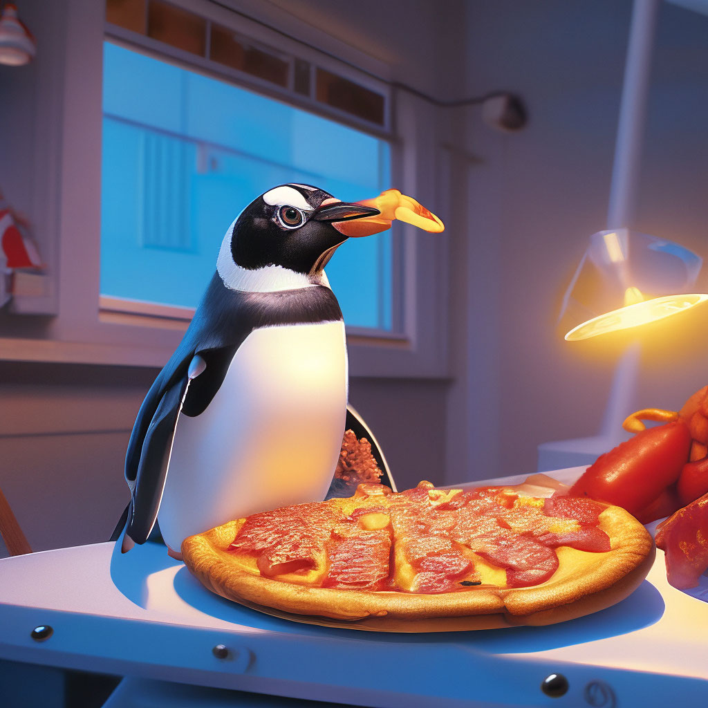"Penguin eats pizza" — image created in Shedevrum