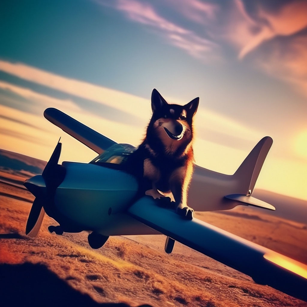"A wolf is flying a plane over the ground" — image created in Shedevrum