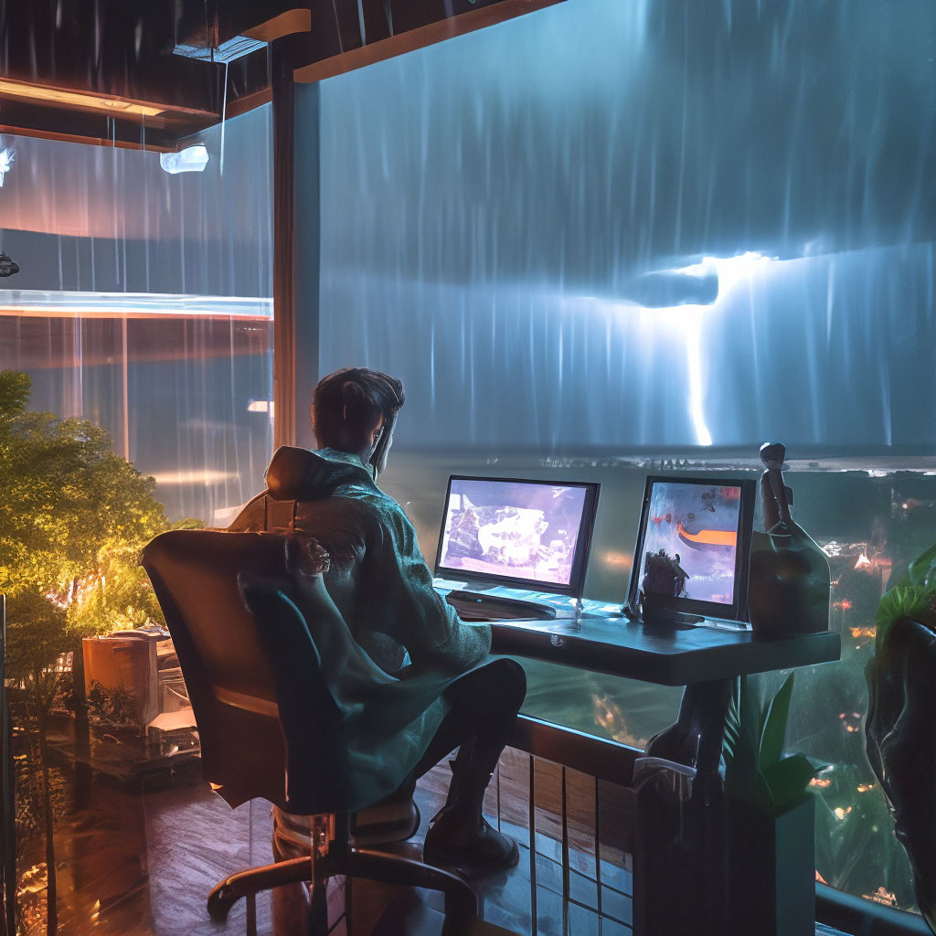 "A man is sitting and editing a movie on a computer at night in the ...