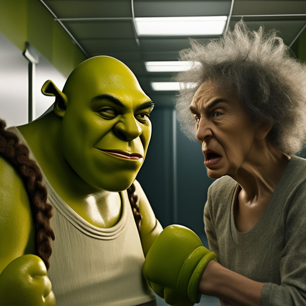 "An angry screaming Shrek is boxing with a shaggy evil grandmother in ...