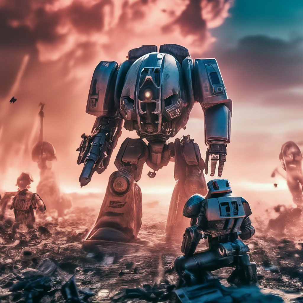 "On his knees, a broken, broken combat robot inside lies a skeleton + a ...