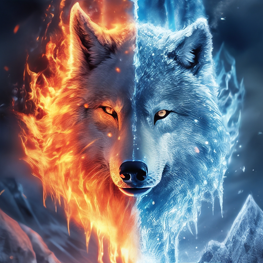 "Ice and fire wolf" — image created in Shedevrum