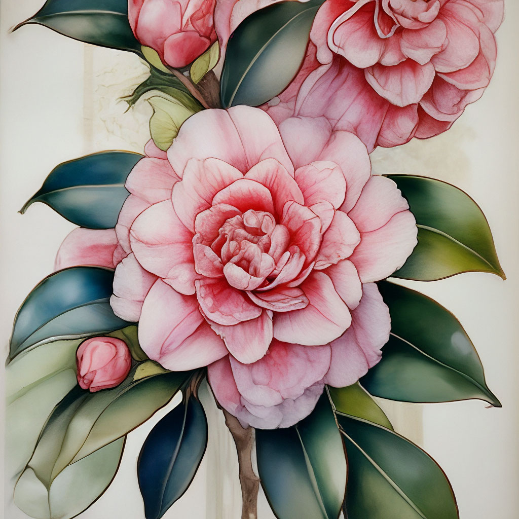 "Bouquet of camellias,transparent watercolor,ink,clear outline ...