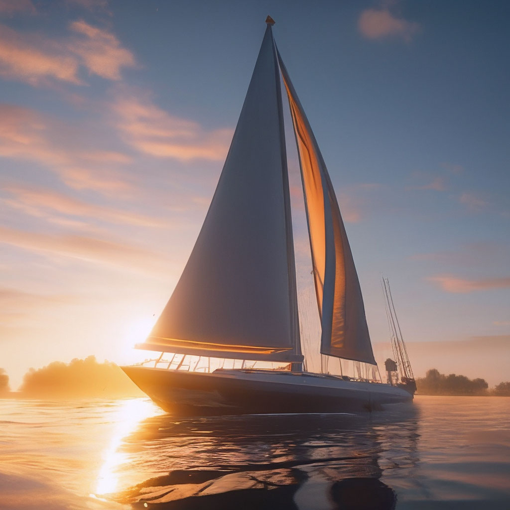 "The sailboat, covered with the dew of dawn, meets the first rays of ...