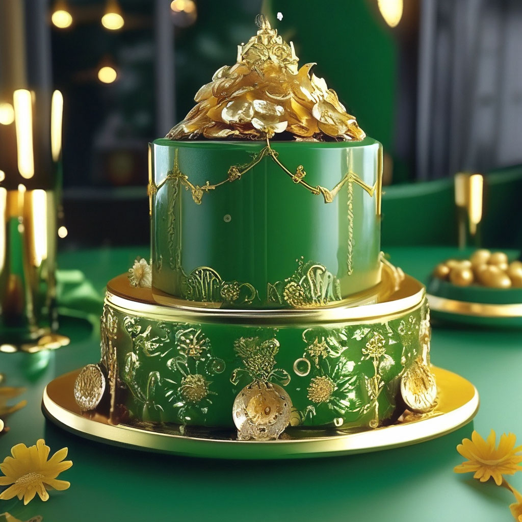 "Delicious green cake golden petals golden sprinkle realistic 3D ...