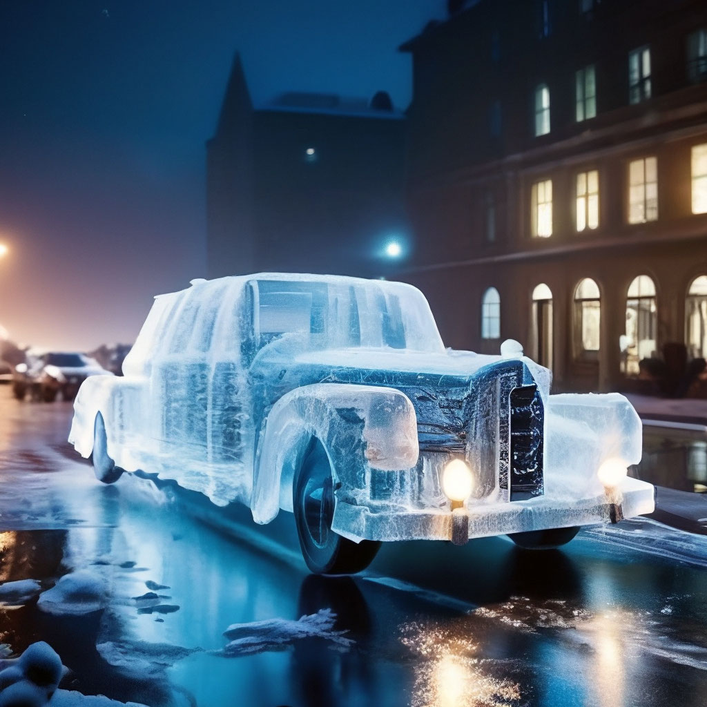 "The ghost of a car at night in winter, a ghost car made of ice and ...