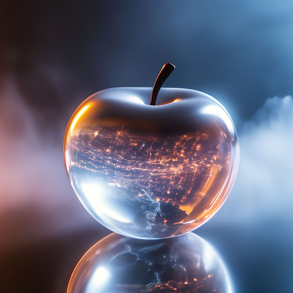 "Crystal apple with infinity in the interior on the background of fog ...