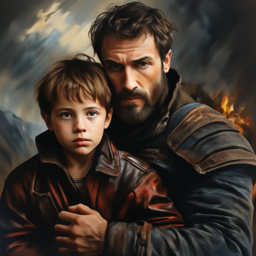 "Oil painting father protects little son from trouble as a shield ...