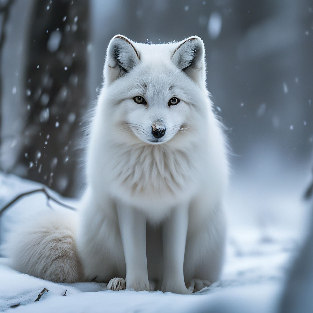 "Beautiful white fox sitting in the snow it's snowing, forest ...