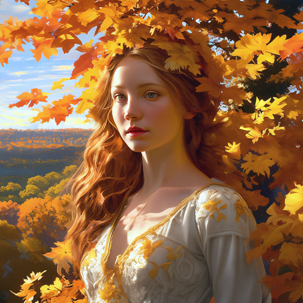 "Scarlet girl lace rowan golden maples autumn pastoral...detailed ...