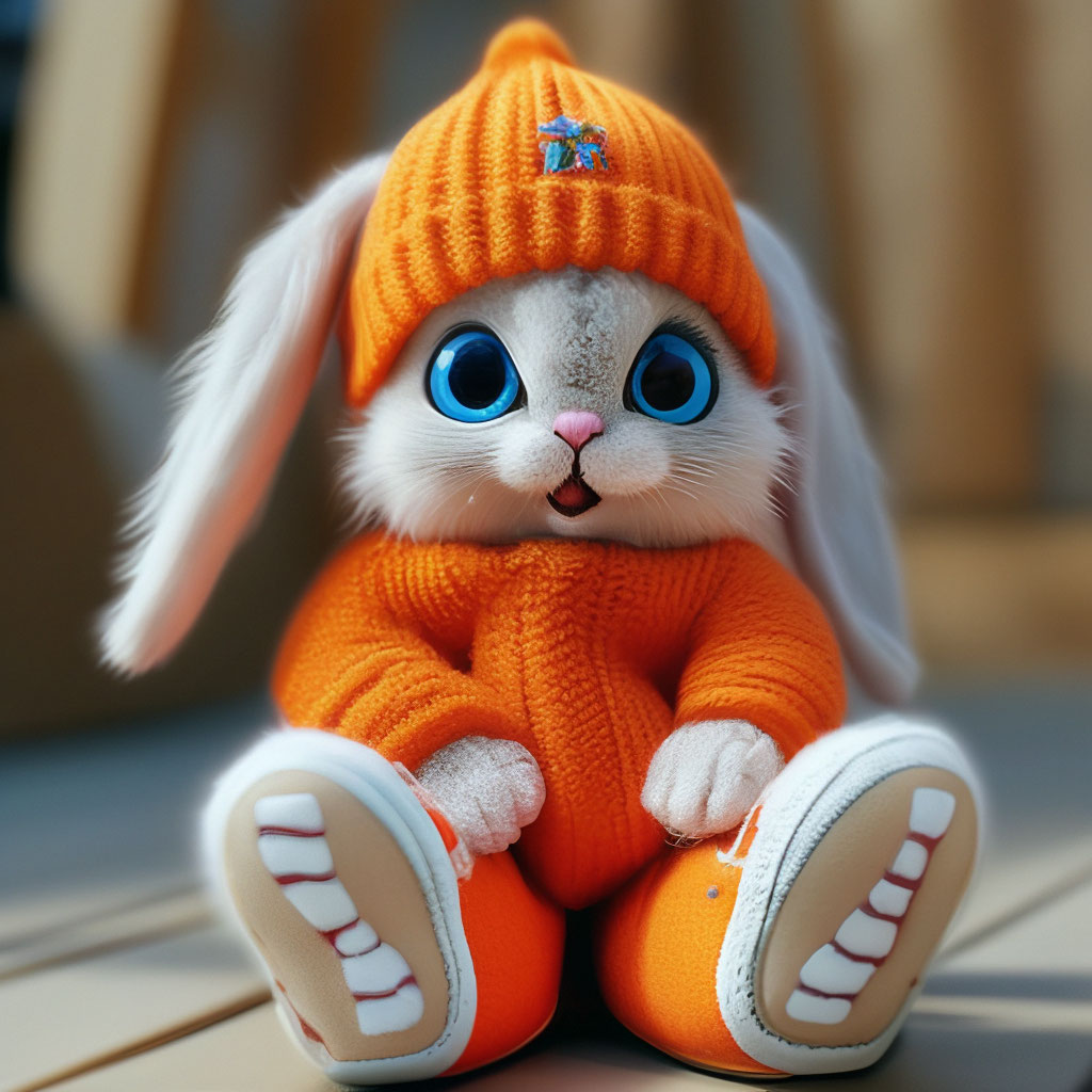 "Creepy, fluffy funny bug-eyed, baby rabbit in a knitted hat with a ...