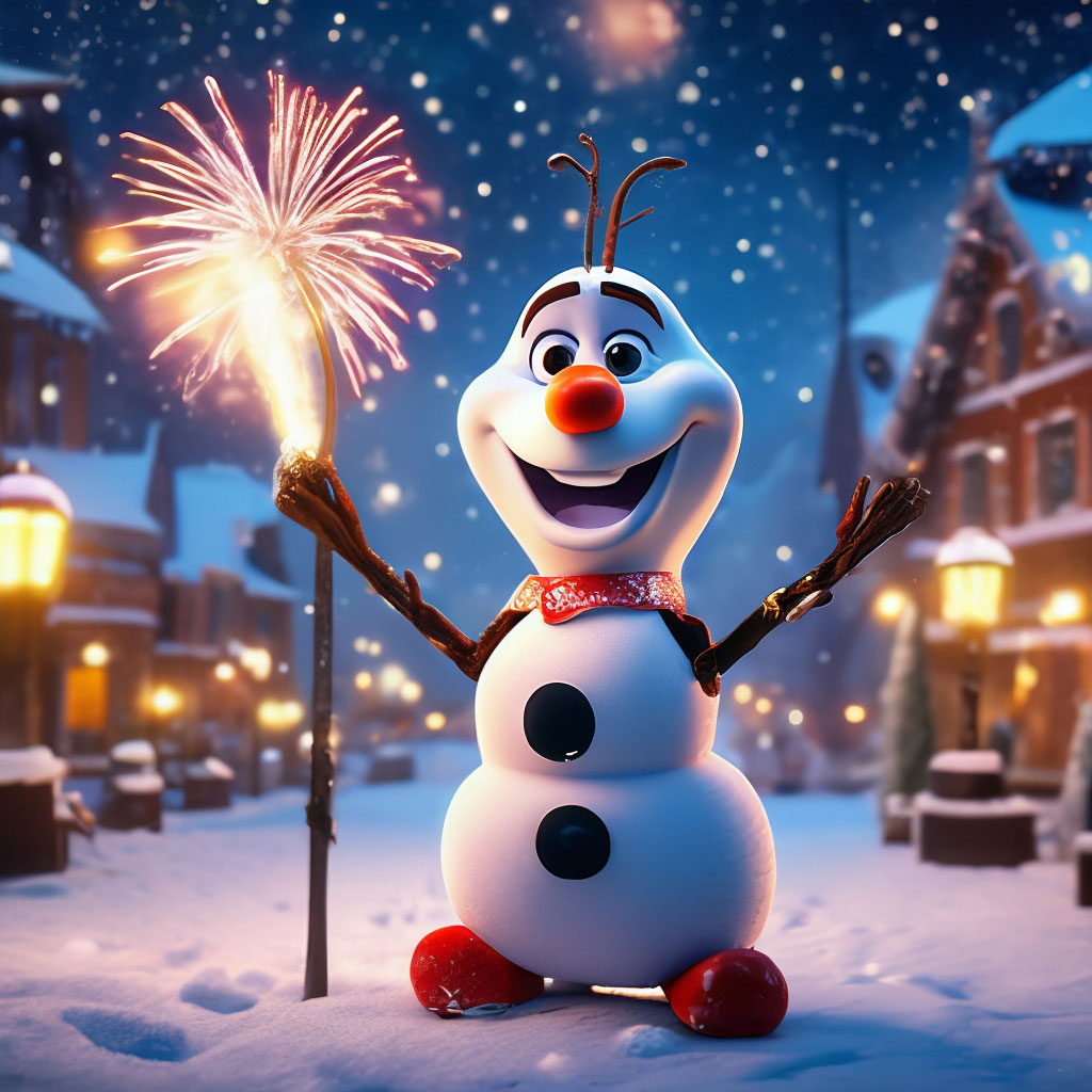 "Snowman, olaf new year mood, garlands, fireworks, morning, 18+, light ...
