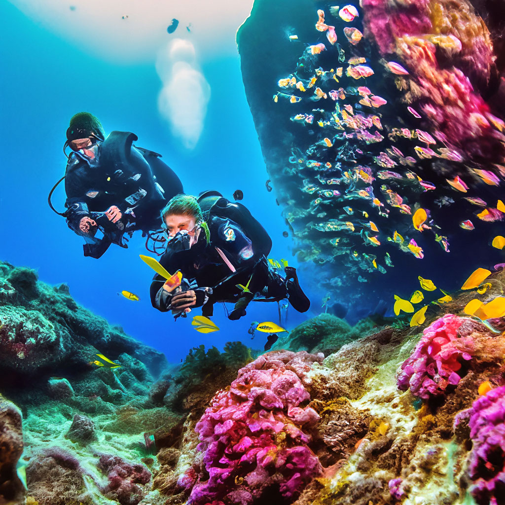 "Divers swim through multicolored shoals of fish, algae, rocks, sunken ...
