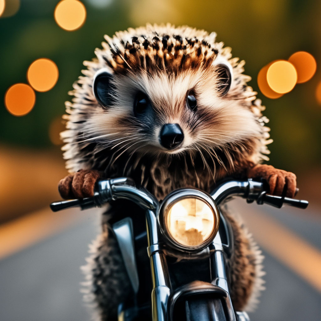 "Hedgehog rides a motorcycle" — image created in Shedevrum
