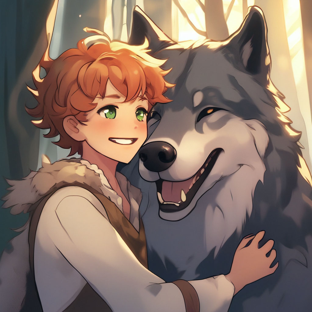 "Emma from the promised Neverland hugs a huge wolf and smiles and he ...
