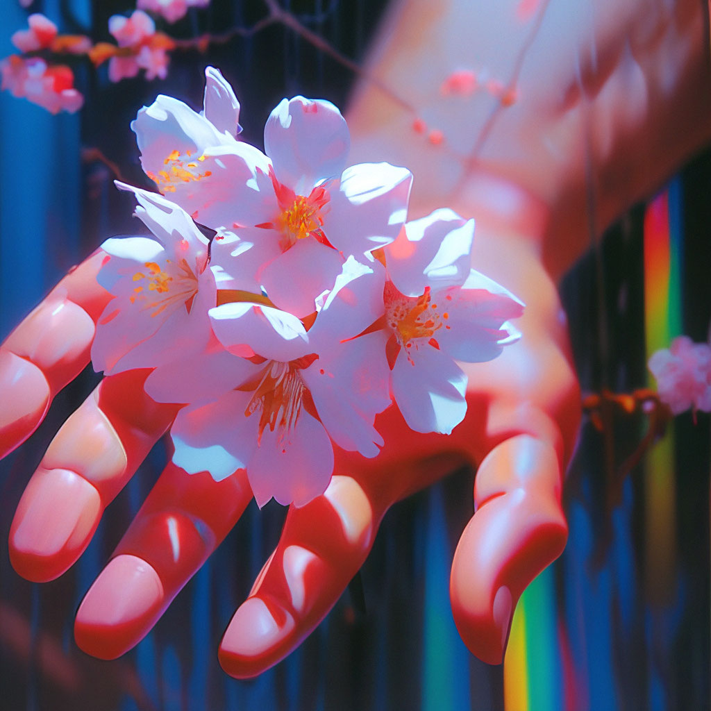 "Sakura, male hands, rainbow light" — image created in Shedevrum