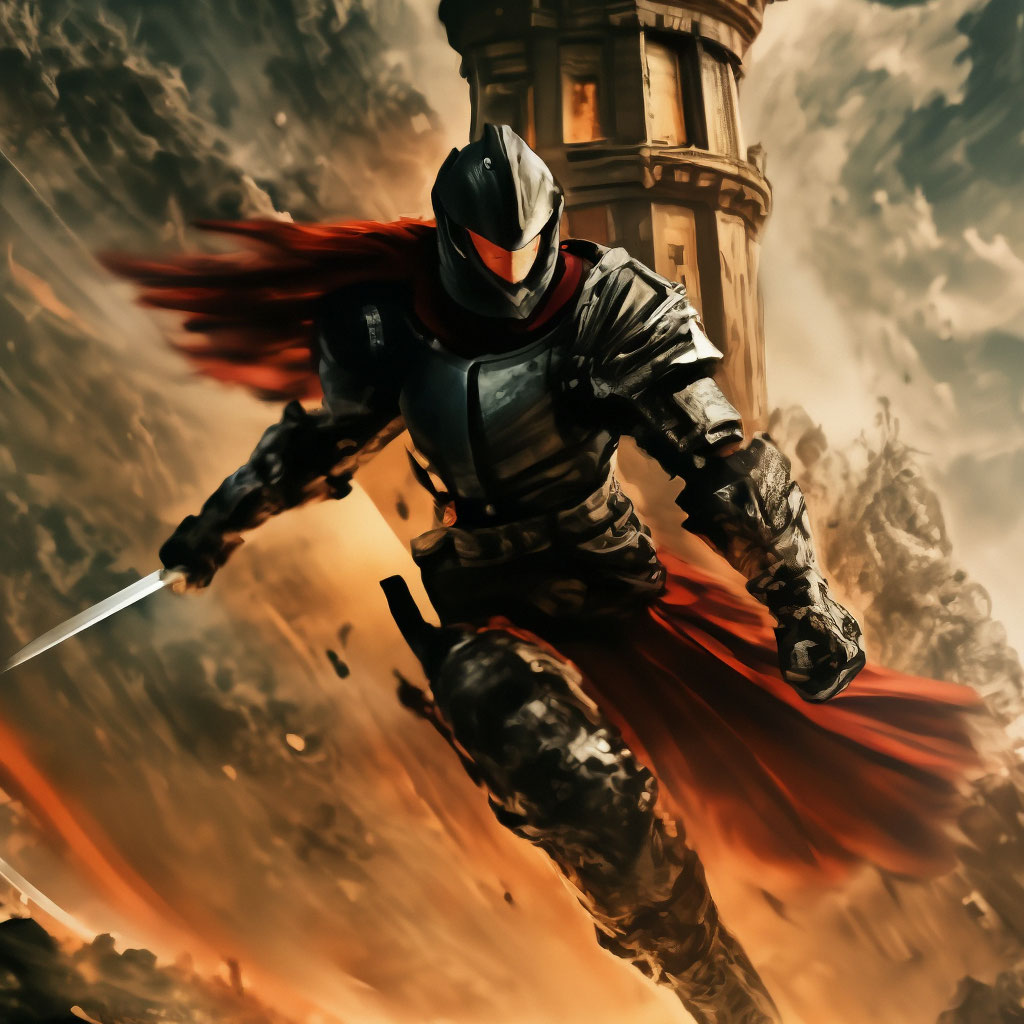 "A warrior escapes from a falling tower. Illustration. Speed effect ...