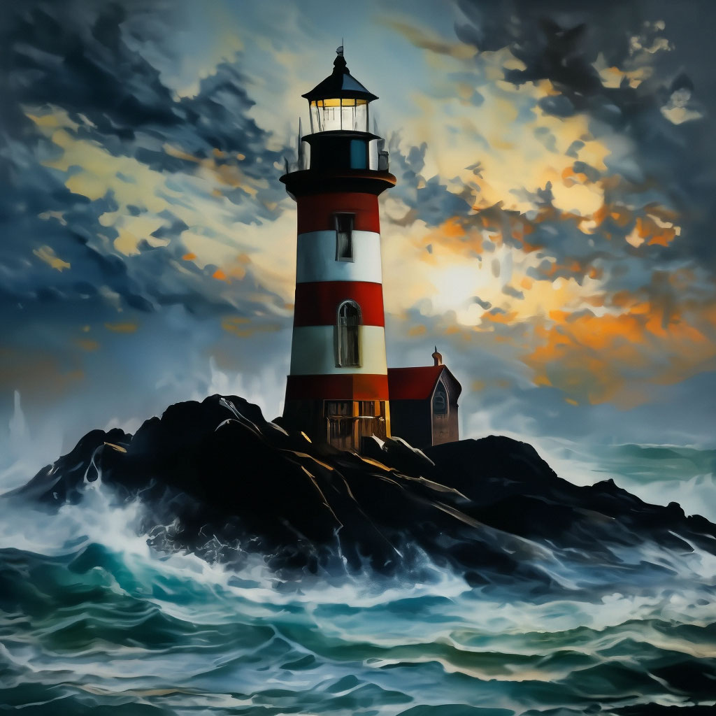 "Lighthouse lighthouse at sea, fog,surrealism, flicker, lumen, acrylic ...
