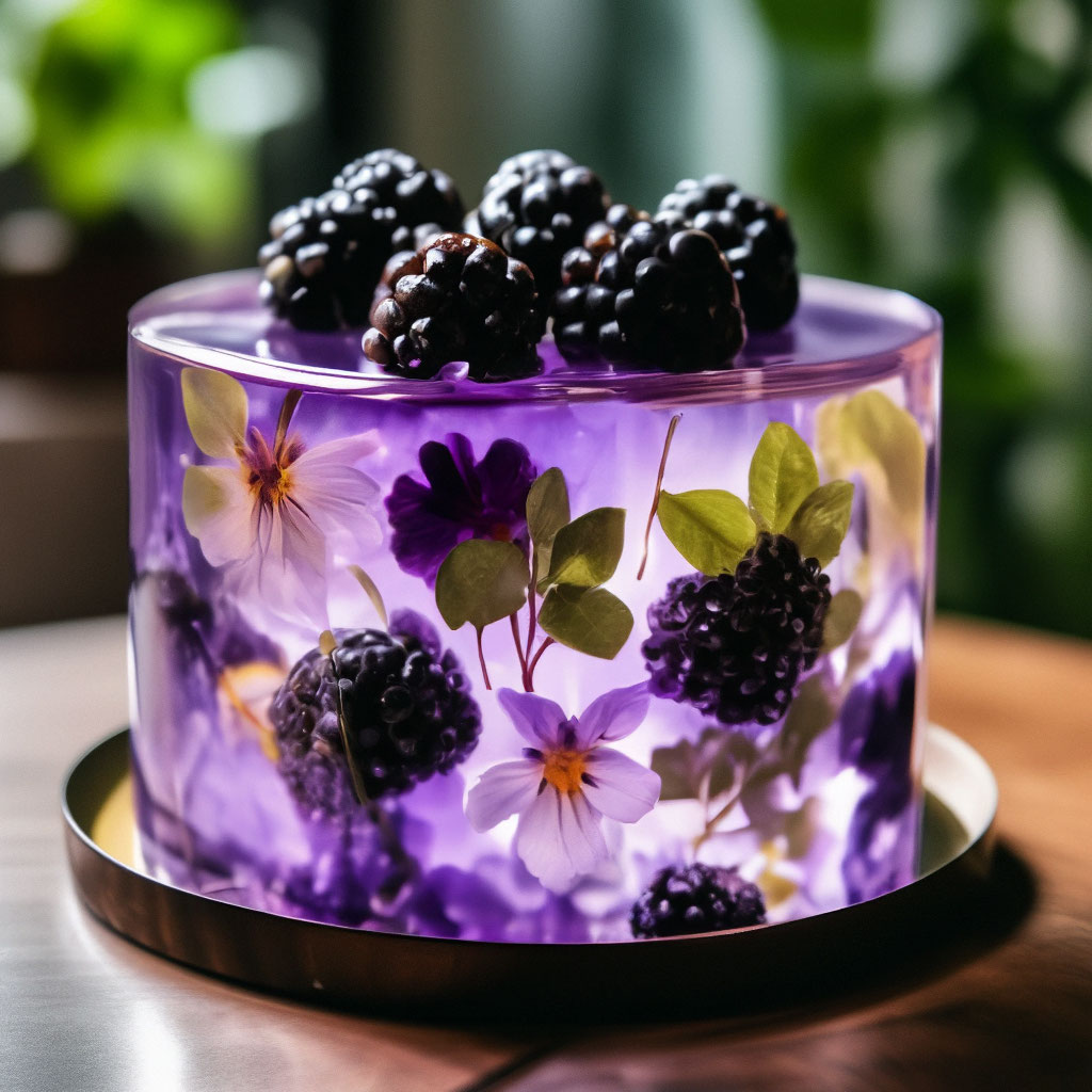 "A cake made of transparent epoxy resin blackberries and violets inside ...