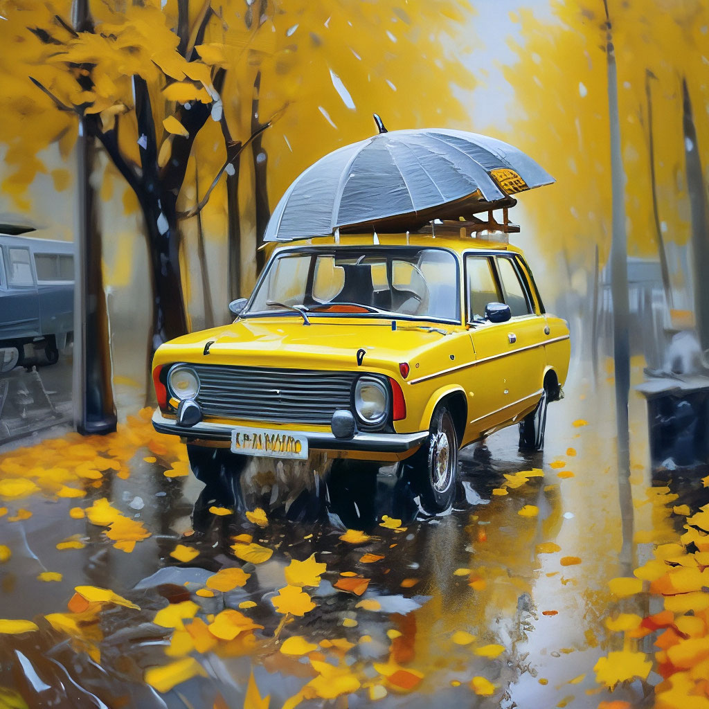 "Autumn, rain, yellow leaves, lada" — image created in Shedevrum