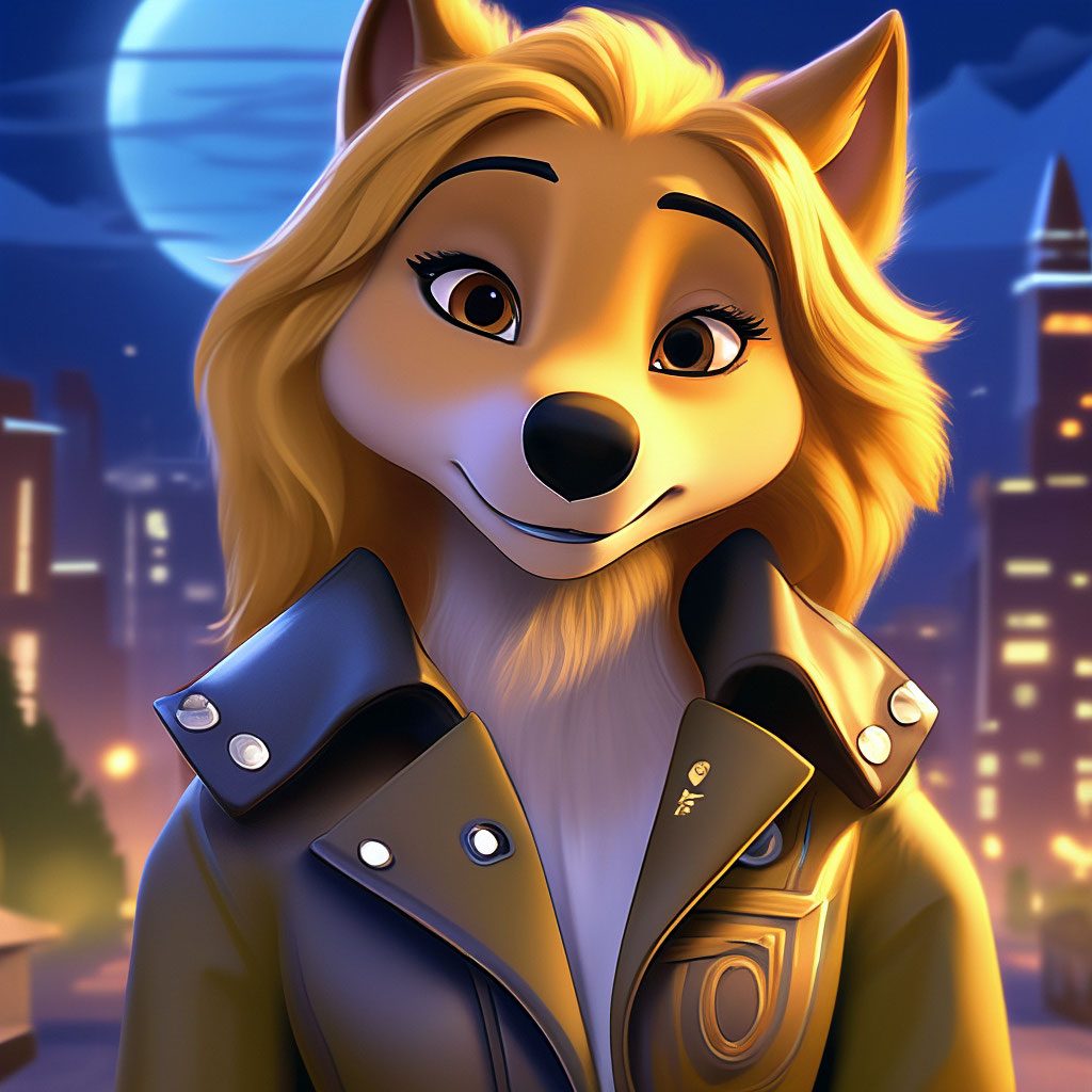"Anthropomorphic mustard-colored wolf Kate, big brown eyes framed by ...