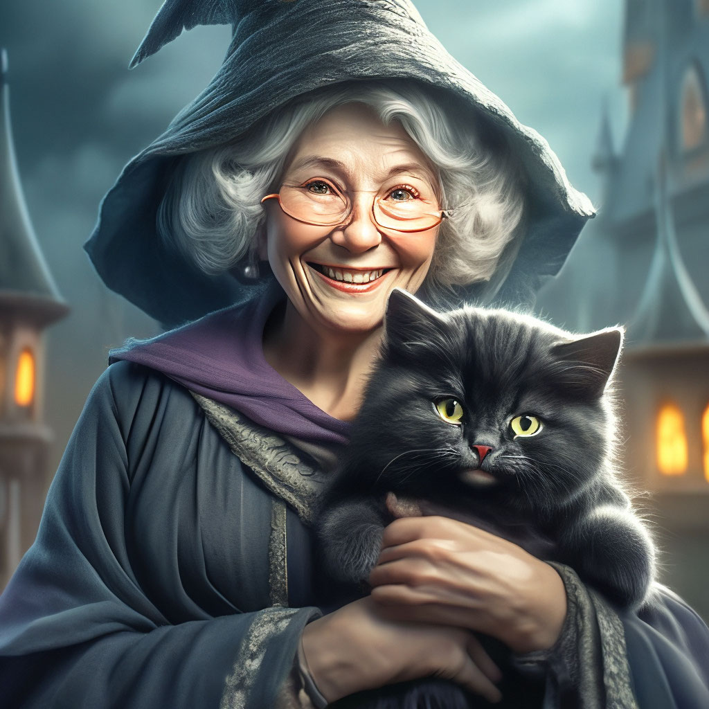 "Cute old witch with a grin, wrinkles, with a black fluffy cat, very ...