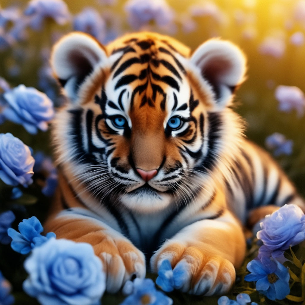 "Tiger cub a small fluffy tiger cub, lying on the field, beautiful blue ...