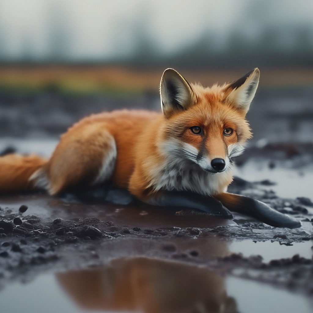 "Foxes, dirty sitting in the mud, cloudy, all small details highlighted ...