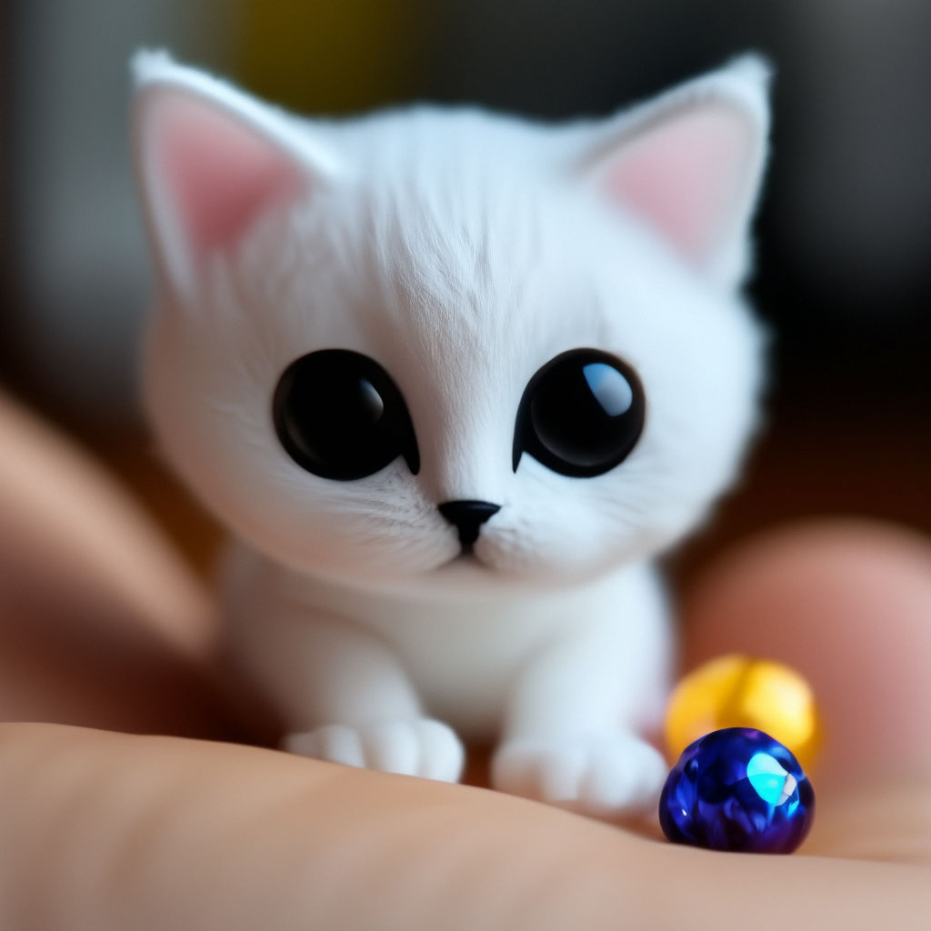 "A white micro-cat with big black eyes microcosm, on the tip of a ...