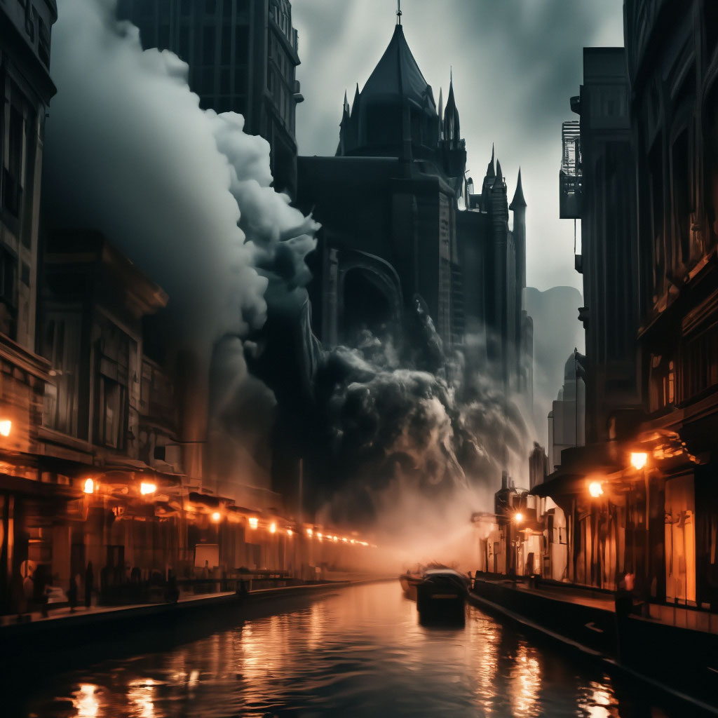 "🚬 something rises in the smoke on a huge metropolis in Gothic style ...
