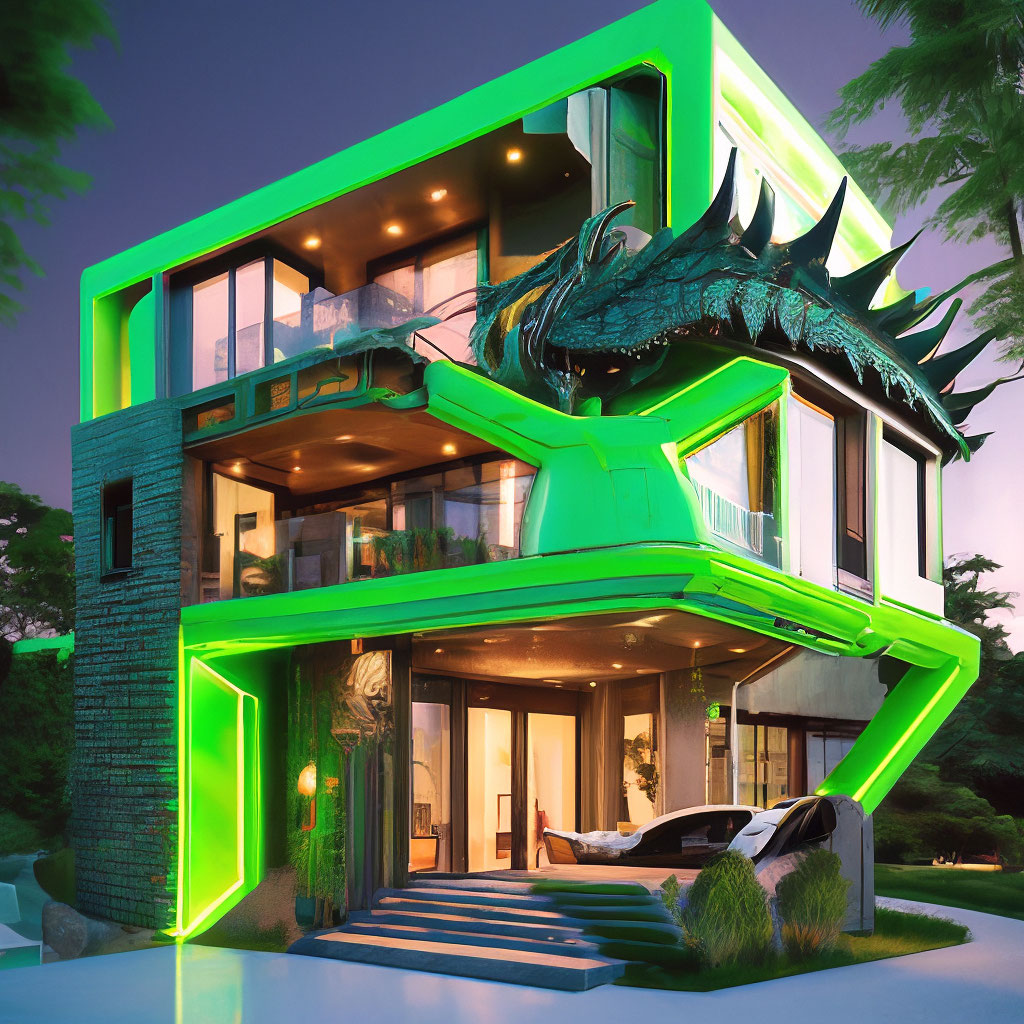 "Two-storey villa in 2070 in the style of a green dragon" — image ...