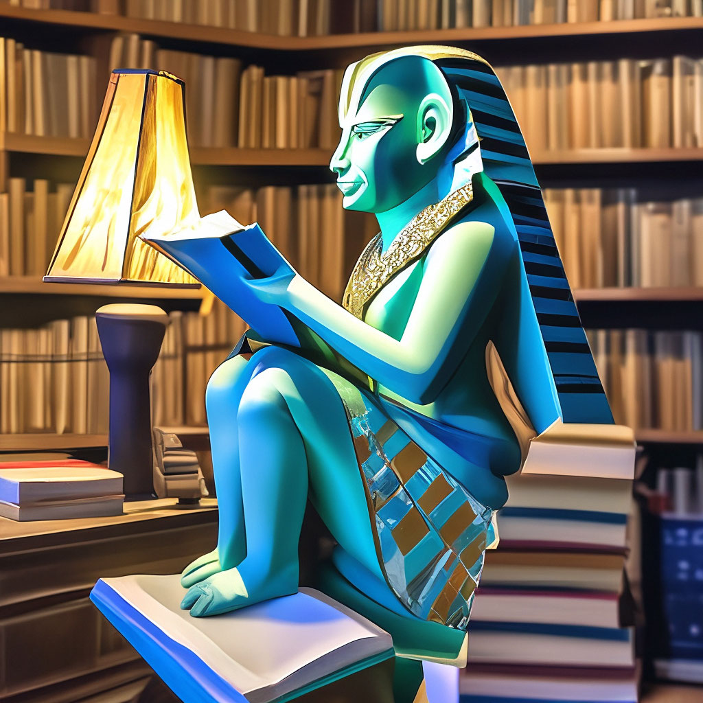 "The sphinx is reading a book under a lamp in the library, all the ...