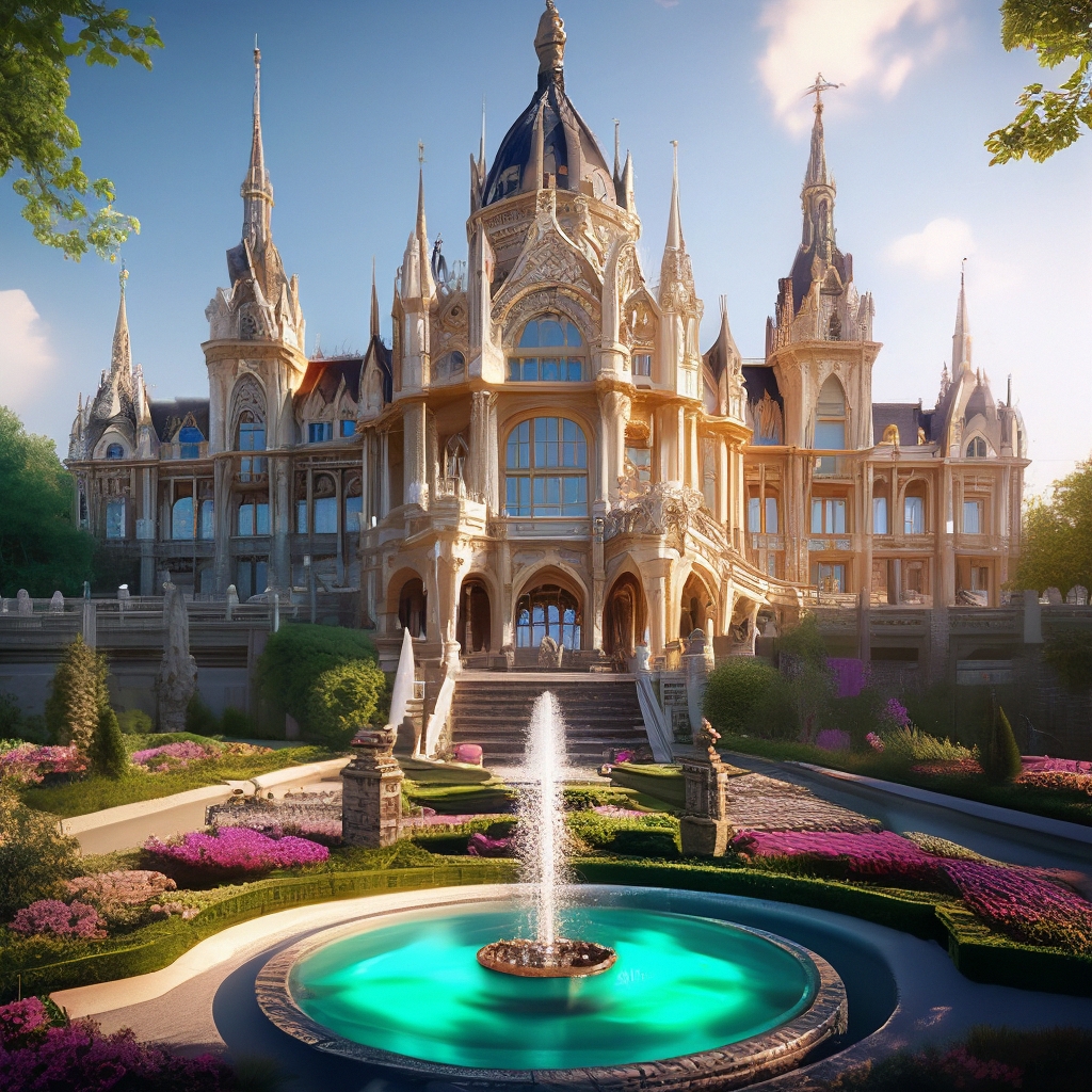 "Luxury, color stained glass castle hungarian palace in digital style ...
