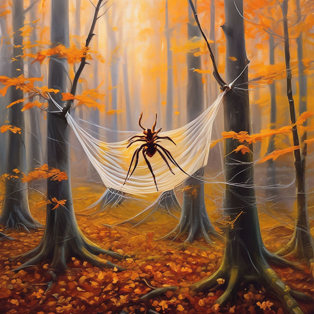 "Autumn, in the forest, a spider spread a net between the branches of ...